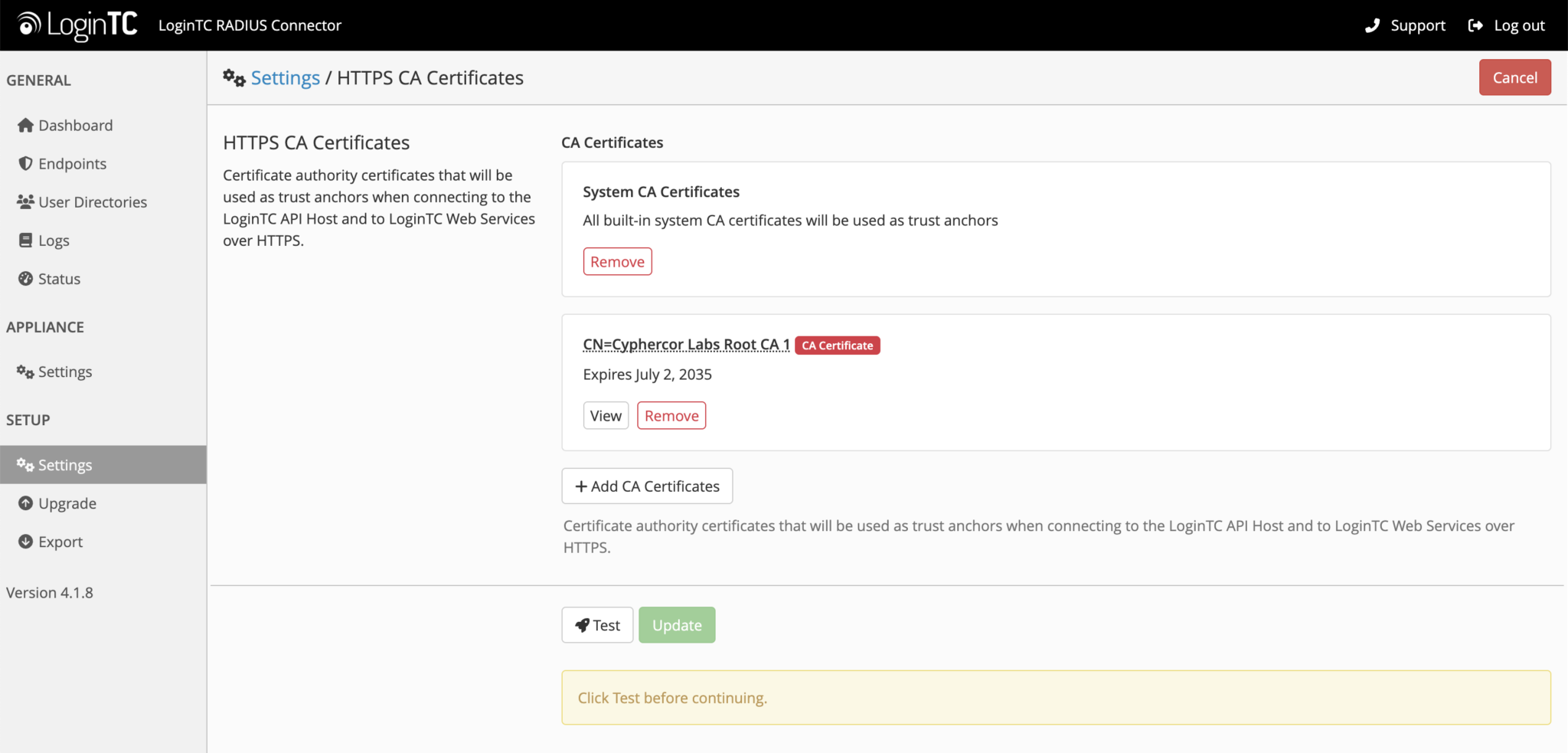 CA Certificates trust anchor management in the latest LoginTC RADIUS ...
