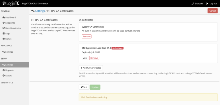 CA Certificates trust anchor management in the latest LoginTC RADIUS ...